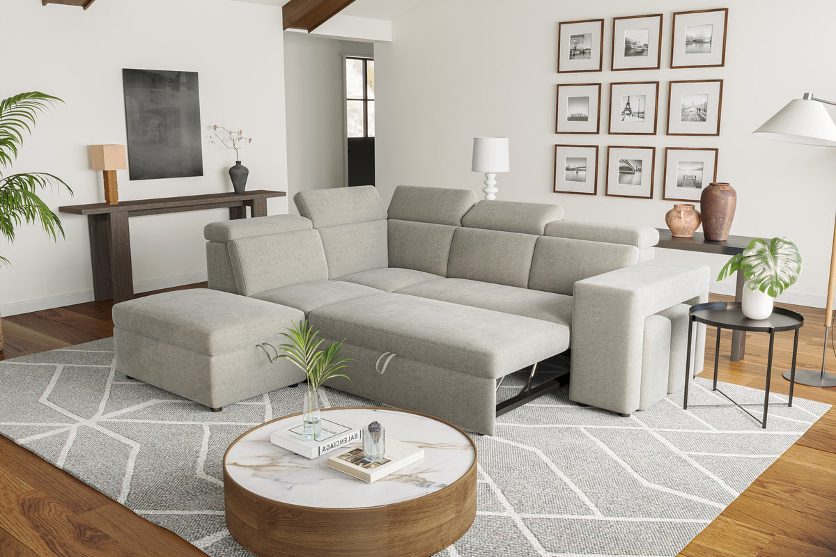 Valencia Finn Fabric Sectional Sofa Bed with Left Hand Storage Light