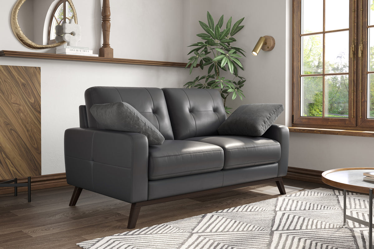 Valencia Francesca Mid Century Top Grain Leather Loveseat Sofa Charcoal Grey