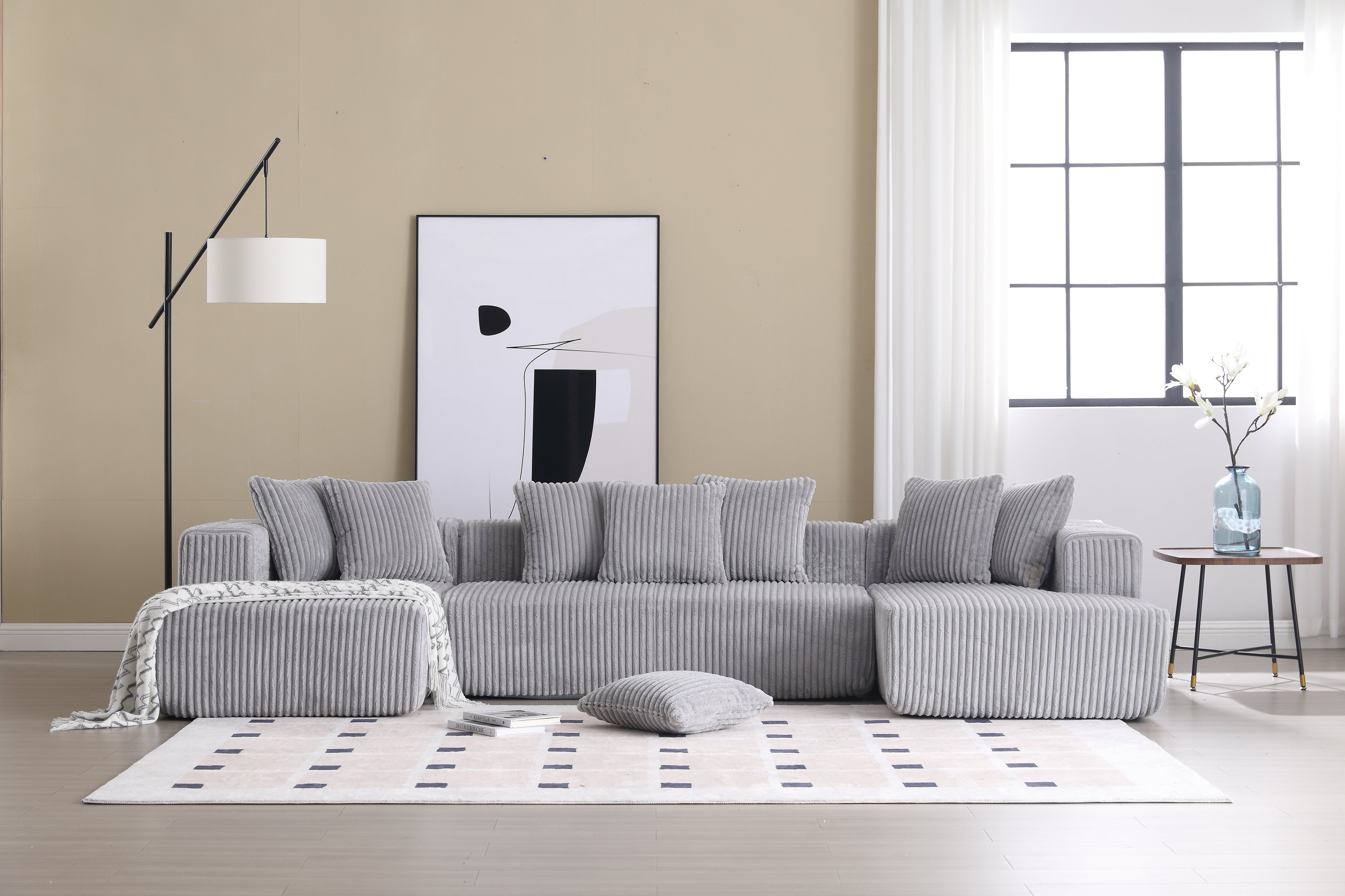 Valencia Alexus Corduroy Fabric U Shape Sectional Sofa Light Grey