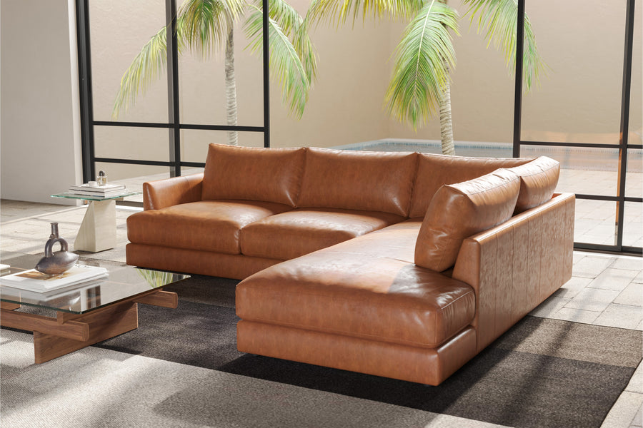 Valencia Serena Leather Sectional | 2-Piece Chaise Sofa, Cognac