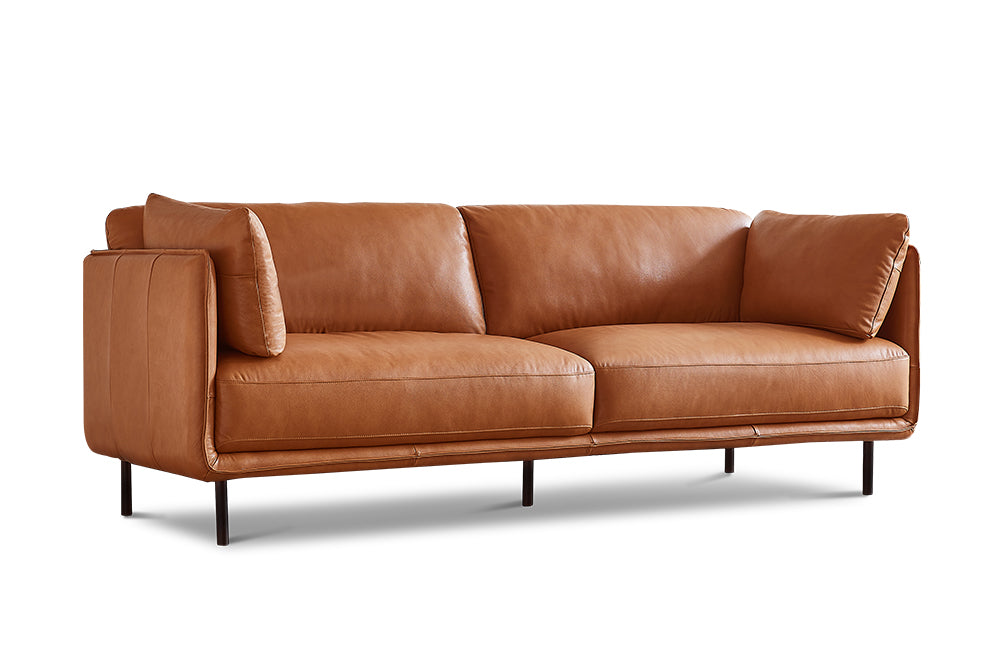 Valencia Theater Sea Valencia Chloe 87 Wide Cognac Tan Brown Full Leather Sofa Modern Nappa Leather Cloud Couch with 2 Pillows for Living Rooma